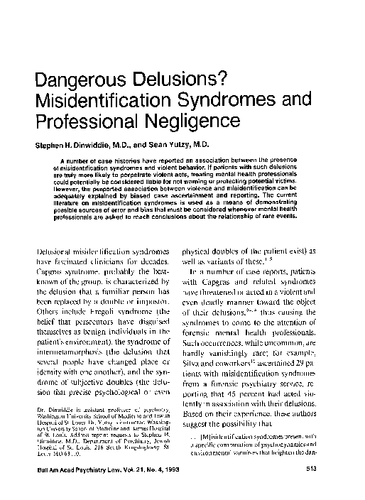 (PDF) Dangerous delusions? Misidentification syndromes and professional ...
