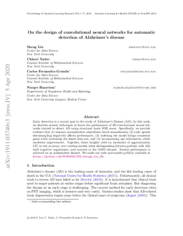 (PDF) On the design of convolutional neural networks for automatic detection of Alzheimer's ...