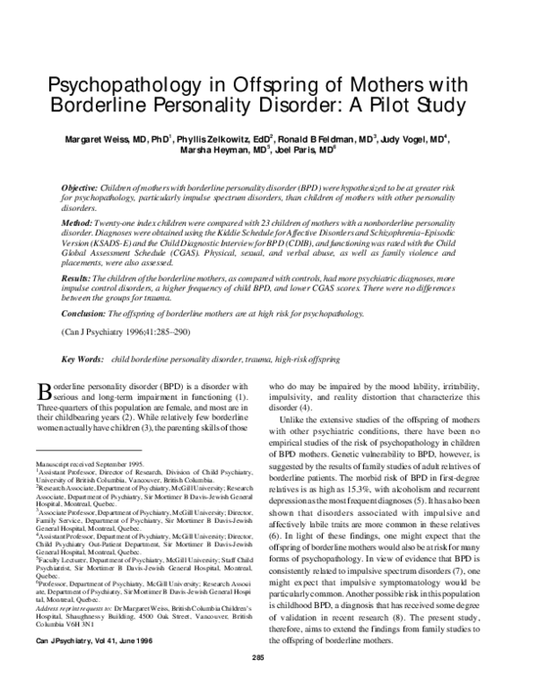 (PDF) Psychopathology in Offspring of Mothers with Borderline ...