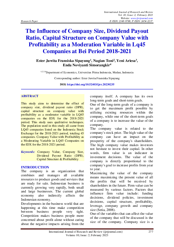 (PDF) The Influence of Company Size, Dividend Payout Ratio, Capital Structure on Company Value ...