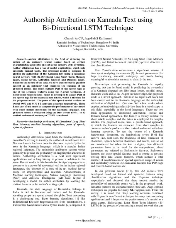 (PDF) Authorship Attribution on Kannada Text using Bi-Directional LSTM Technique
