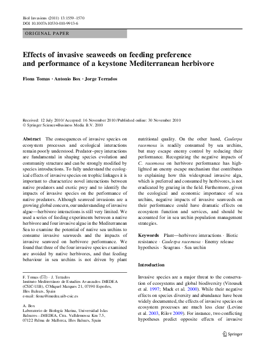 (PDF) Invasive Seaweeds Affect Herbivore Performance
