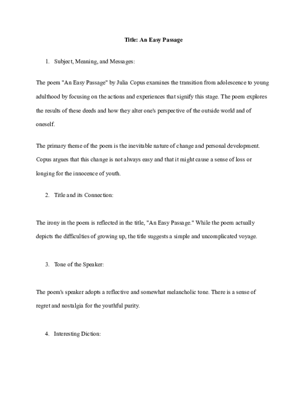 (PDF) An Easy Passage - Poem Analysis