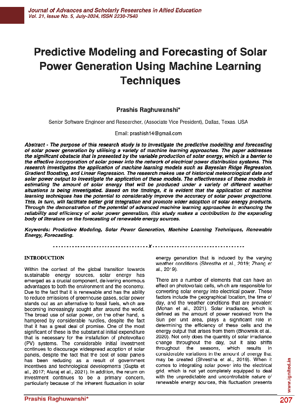 Pdf View Of Predictive Modeling And Forecasting Of Solar Power Generation Using Machine