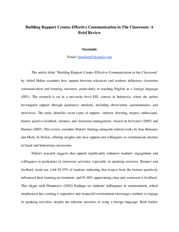 (PDF) Building Rapport Creates Effective Communication in The Classroom ...