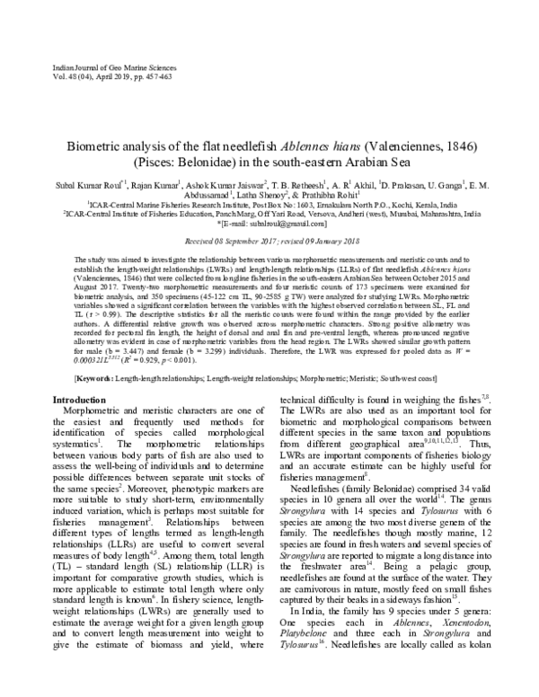 (PDF) Biometric analysis of the flat needlefish Ablennes hians ...