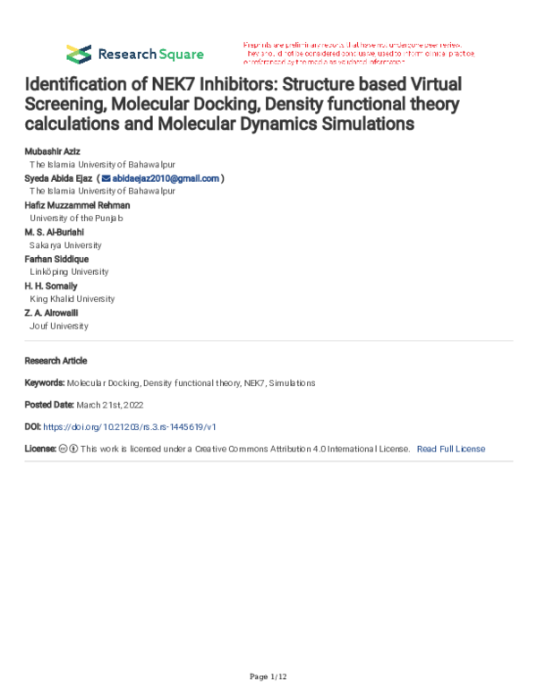 (PDF) Identification of NEK7 inhibitors: structure based virtual screening, molecular docking ...