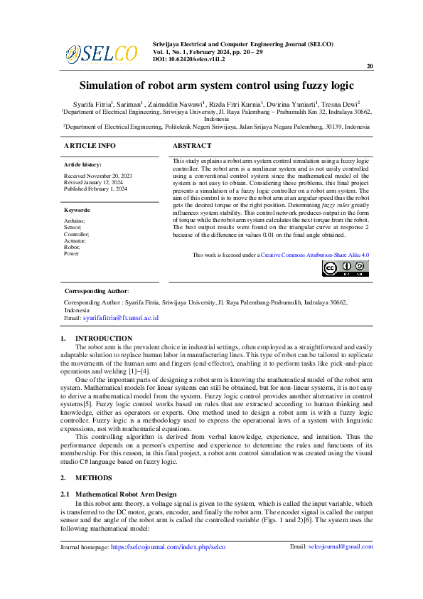 (PDF) Simulation of robot arm system control using fuzzy logic