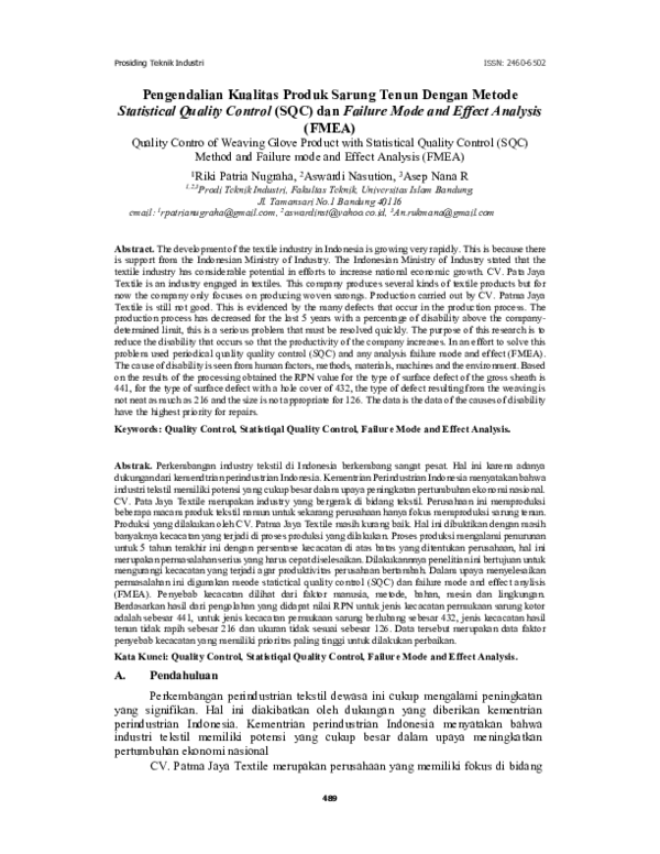 (PDF) Pengendalian Kualitas Produk Sarung Tenun dengan Metode ...