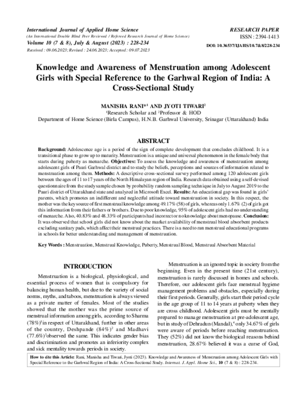 (PDF) Knowledge and Awareness of Menstruation among Adolescent Girls with Special Reference to ...
