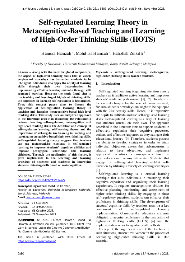 Pdf Self Regulated Learning Theory In Metacognitive Based Teaching And Learning Of High Order