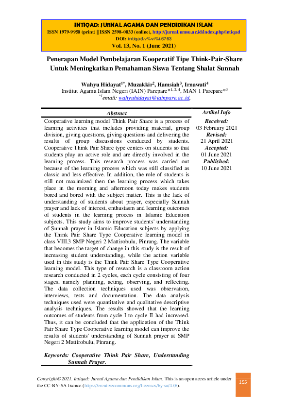 (PDF) Penerapan Model Pembelajaran Kooperatif Tipe Think-Pair-Share Untuk Meningkatkan Pemahaman ...