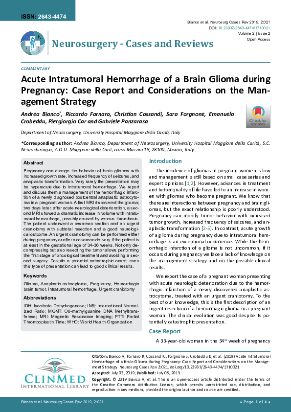 (PDF) Acute Intratumoral Hemorrhage of a Brain Glioma during Pregnancy ...