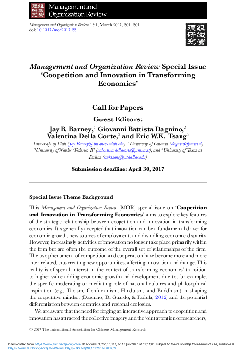 (PDF) Management and Organization Review Special Issue ‘Coopetition and ...