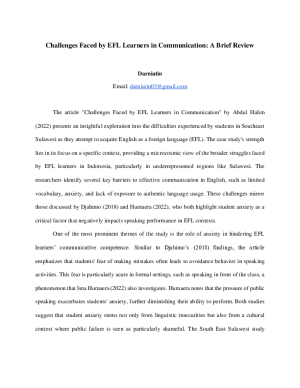 (PDF) Challenges Faced by EFL Learners in Communication: A Brief Review