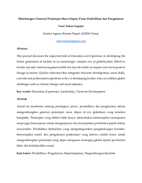 (PDF) Membangun Generasi Pemimpin Masa Depan: Peran Pendidikan dan Pengalaman