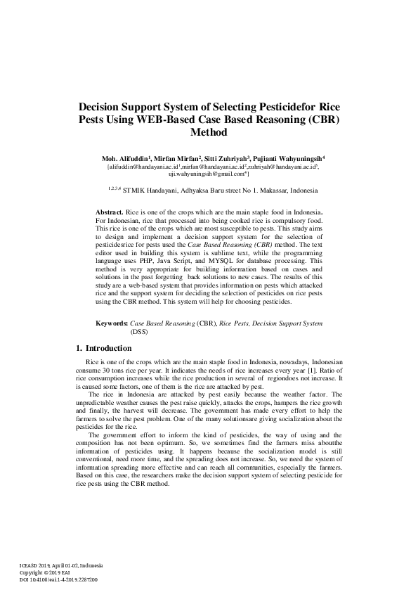 (PDF) Decision Support System of Selecting Pesticidefor Rice Pests Using WEB-Based Case Based ...
