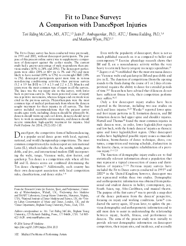 (PDF) Fit to Dance Survey: A Comparison with DanceSport Injuries