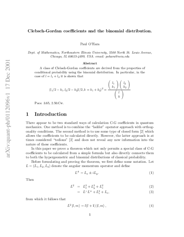 (PDF) Clebsch-Gordan coefficients and the binomial distribution