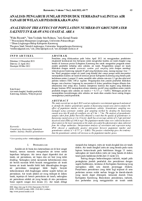 (PDF) Analisis Pengaruh Jumlah Penduduk Terhadap Salinitas Air Tanah DI Wilayah Pesisir Karawang
