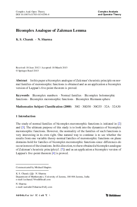 Pdf Bicomplex Analogue Of Zalcman Lemma