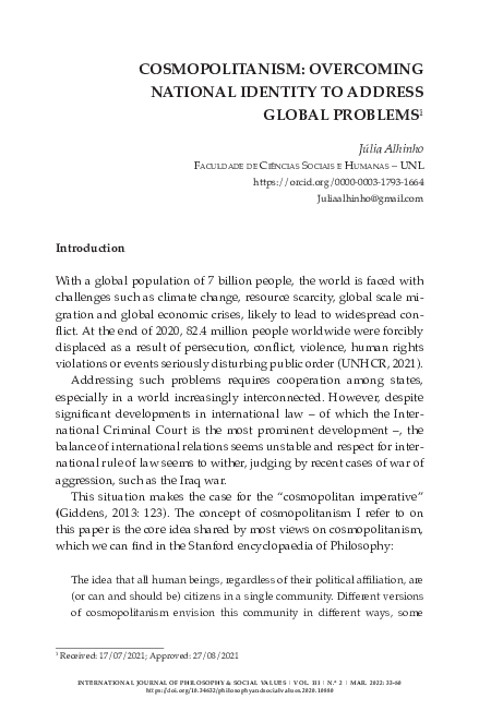 (PDF) Cosmopolitanism: overcoming national identity to address global problems
