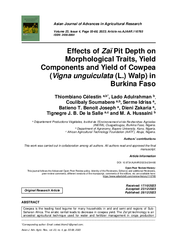 (PDF) Effects of Zaï Pit Depth on Morphological Traits, Yield ...