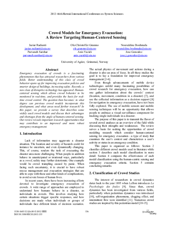 (PDF) Crowd Models for Emergency Evacuation: A Review Targeting Human-Centered Sensing