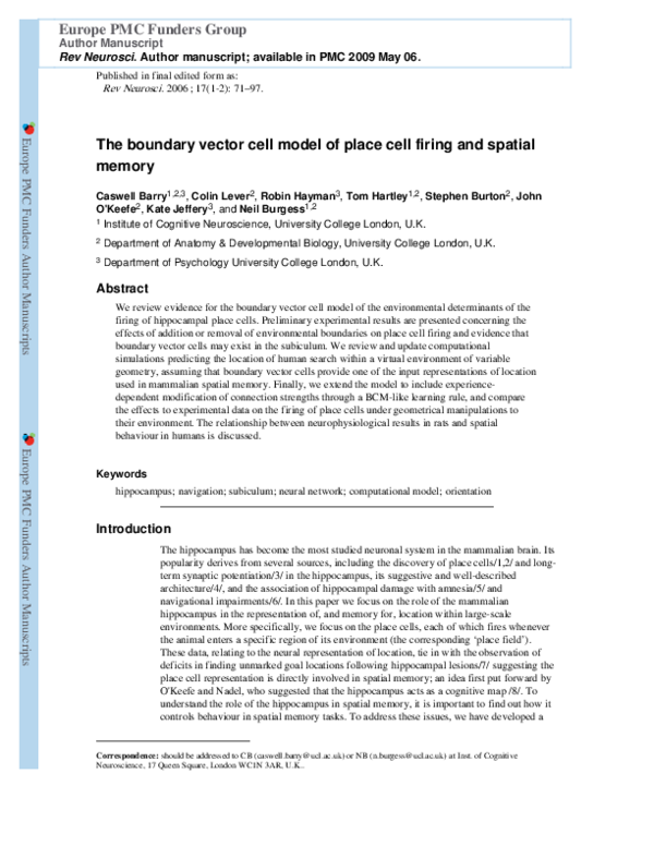 (PDF) The Boundary Vector Cell Model of Place Cell Firing and Spatial ...