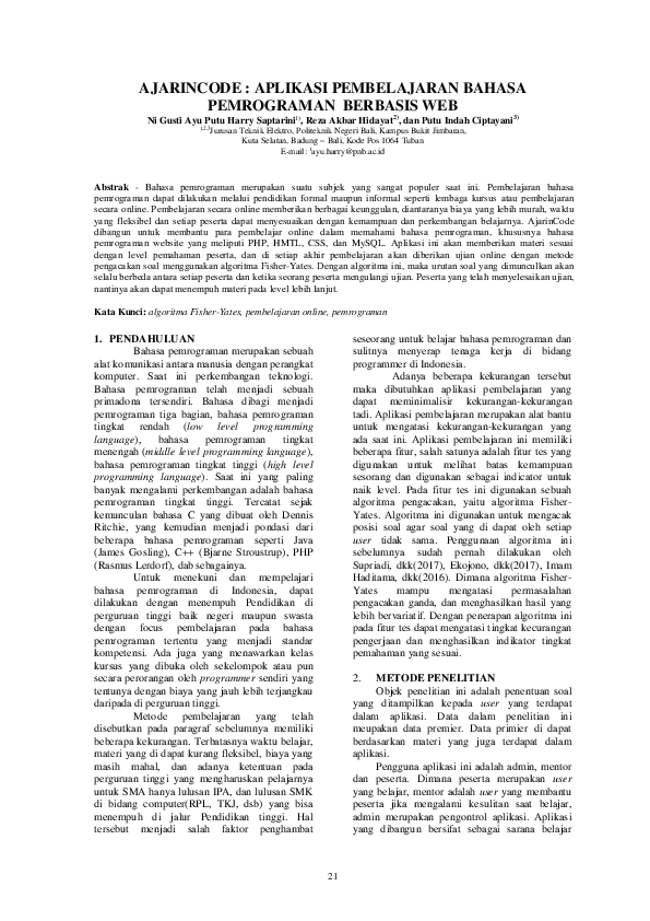 (PDF) Ajarincode : Aplikasi Pembelajaran Bahasa Pemrograman Berbasis Web