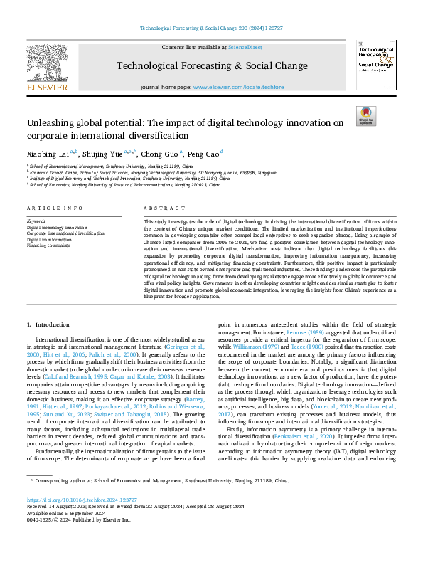 (PDF) Unleashing global potential: The impact of digital technology innovation on corporate ...