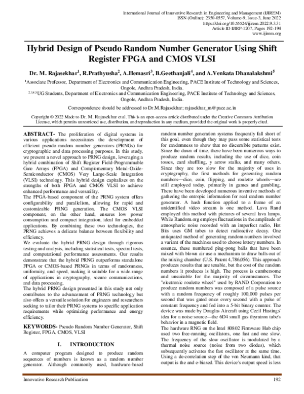 Pdf Hybrid Design Of Pseudo Random Number Generator Using Shift Register Fpga And Cmos Vlsi