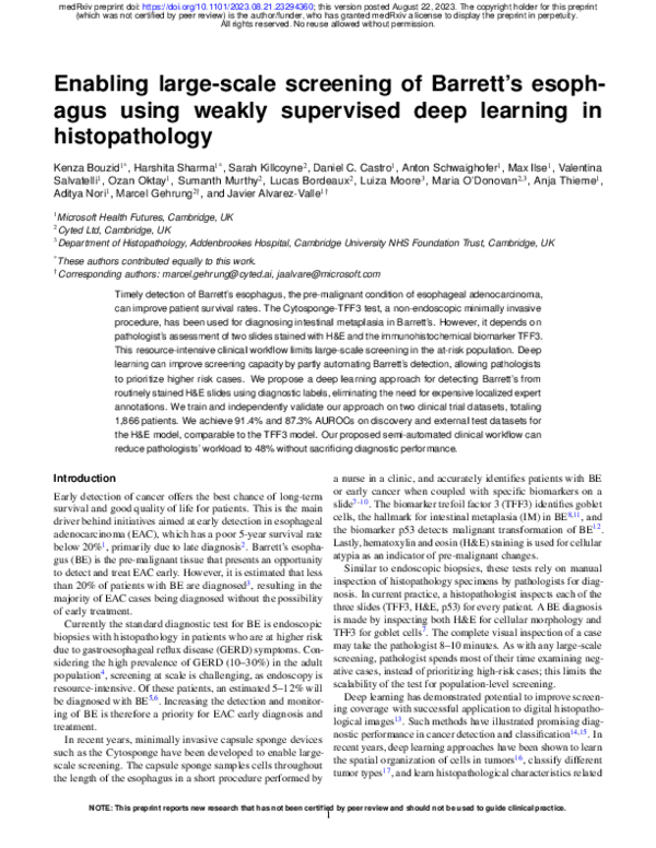 (PDF) Enabling large-scale screening of Barrett’s esophagus using ...