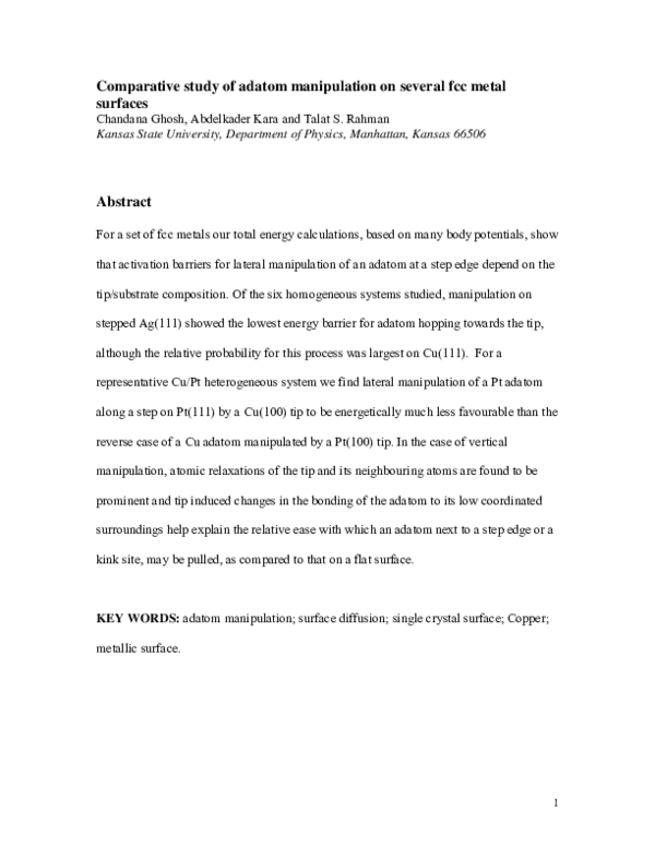 (PDF) Comparative Study of Adatom Manipulation on Several Fcc Metal ...