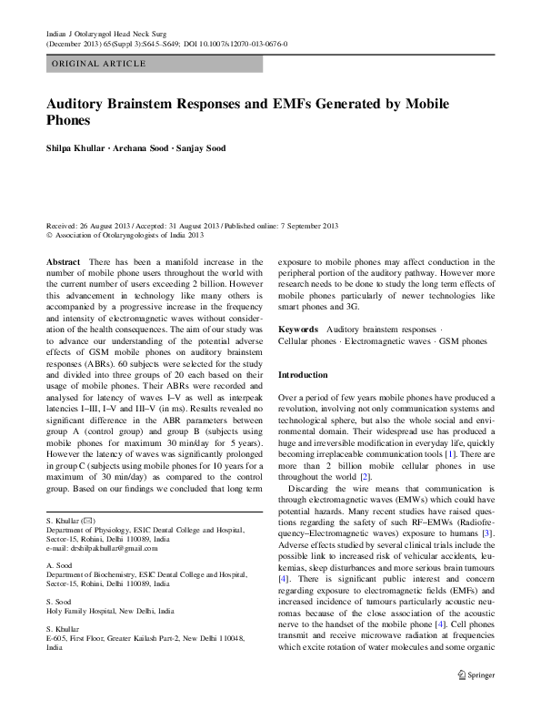 (PDF) Auditory Brainstem Responses and EMFs Generated by Mobile Phones
