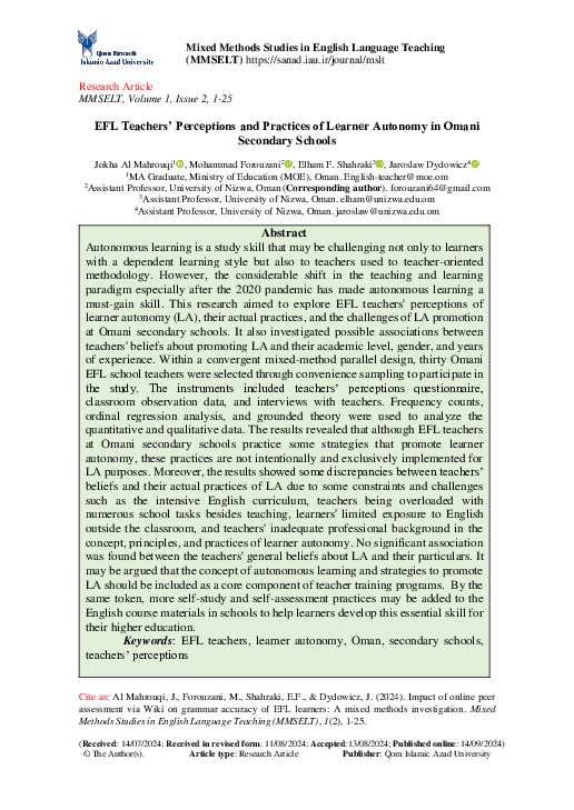 (PDF) EFL Teachers’ Perceptions and Practices of Learner Autonomy in Omani Secondary Schools