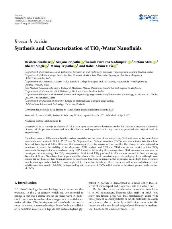 (PDF) Synthesis and Characterization of TiO2-Water Nanofluids