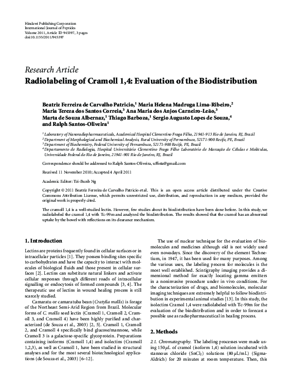 (PDF) Radiolabeling of Cramoll 1,4: Evaluation of the Biodistribution
