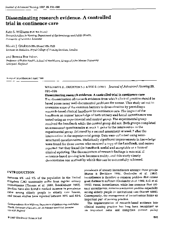 (PDF) Disseminating research evidence. A controlled trial in continence ...