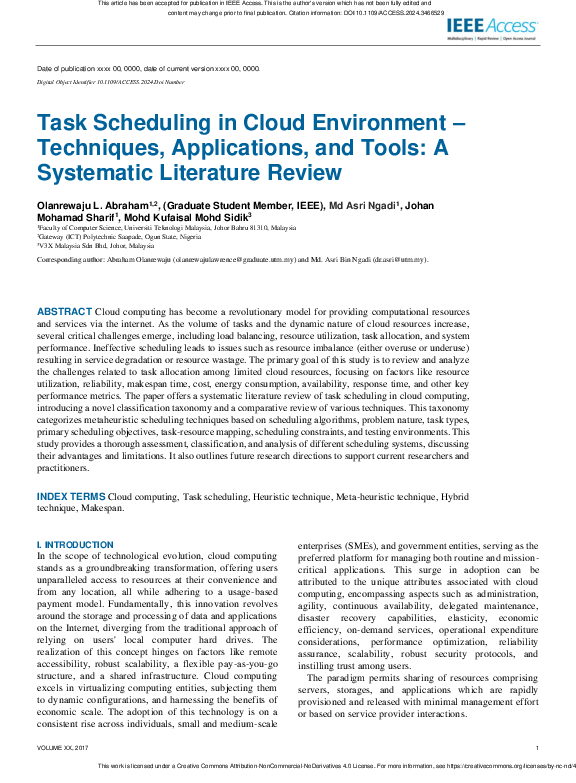 (PDF) Task Scheduling in Cloud Environment -Techniques, Applications, and Tools: A Systematic ...