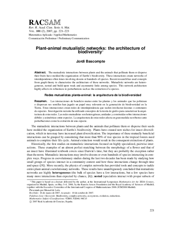 (PDF) Plant-animal mutualistic networks: The architecture of biodiversity
