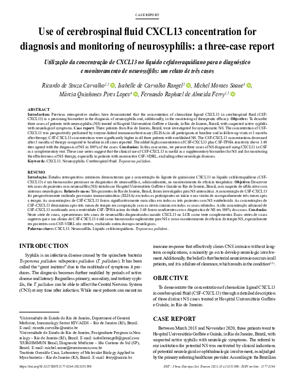 (PDF) Use of cerebrospinal fluid CXCL13 concentration for diagnosis and monitoring of ...