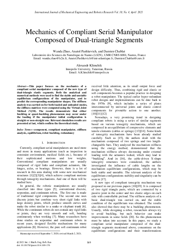 (PDF) Mechanics of Compliant Serial Manipulator Composed of Dual ...