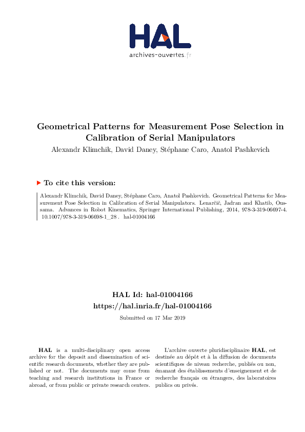 (PDF) Geometrical Patterns for Measurement Pose Selection in Calibration of Serial Manipulators