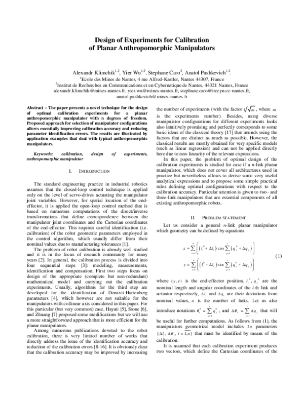 (PDF) Design of experiments for calibration of planar anthropomorphic manipulators