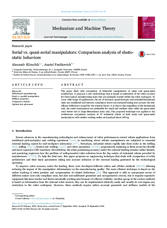(PDF) Serial vs. quasi-serial manipulators: Comparison analysis of ...