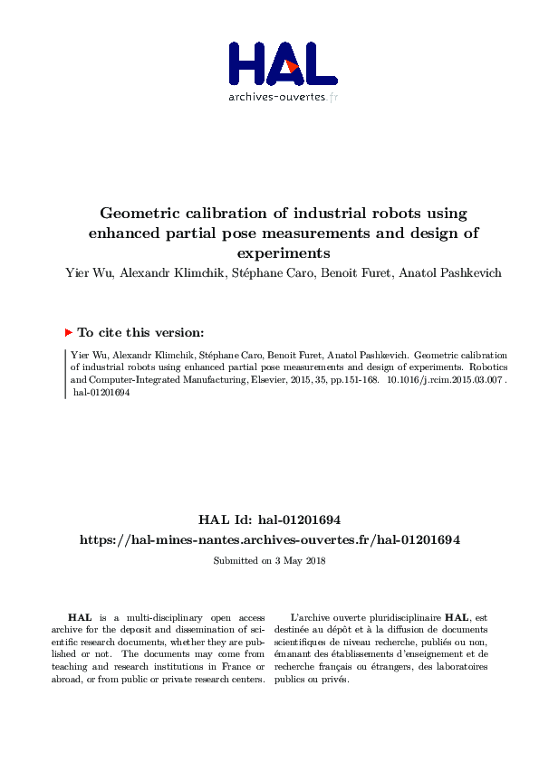(PDF) Geometric calibration of industrial robots using enhanced partial pose measurements and ...