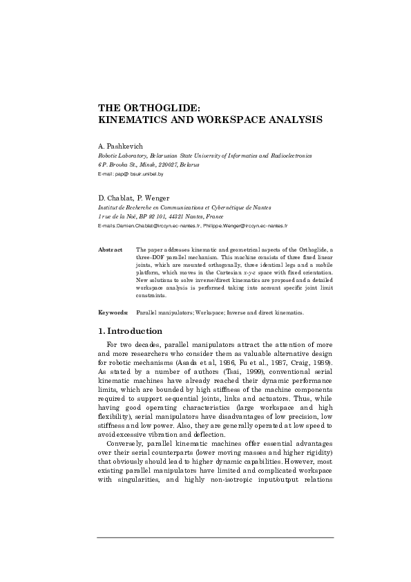 (PDF) The Orthoglide: Kinematics and Workspace Analysis