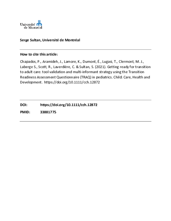 (PDF) Getting ready for transition to adult care: Tool validation and ...