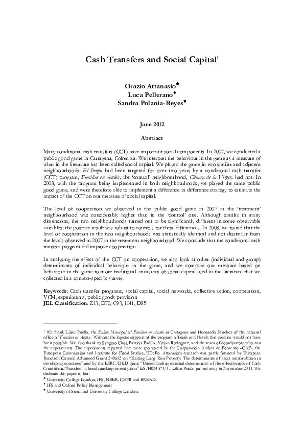 (PDF) Cash Transfers and Social Capital